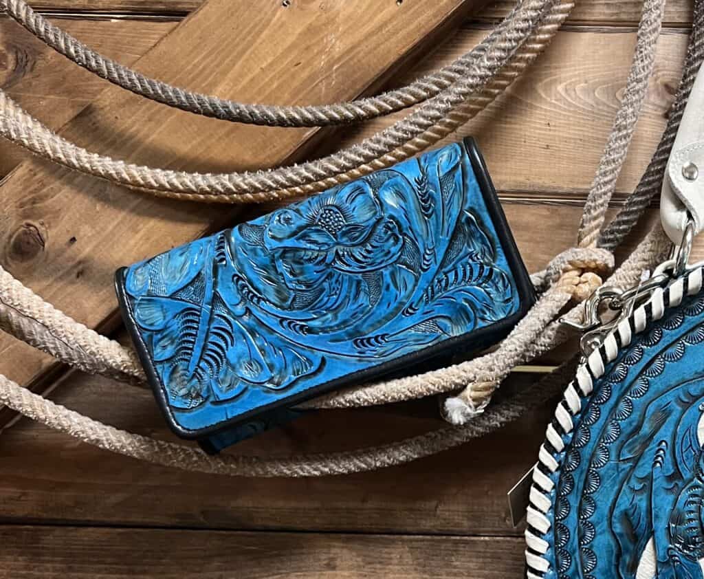 Juan Antonio Small Turquoise Tooled Trifold Wallet - Saddle Rags