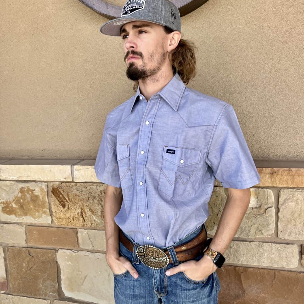 Wrangler Cowboy Cut Work Shirt Short Sleeve Chambray - Saddle Rags