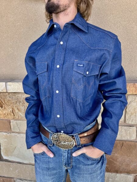 Wrangler Men's Cowboy Cut Work Shirt Long Sleeve Rigid Indigo - Saddle Rags