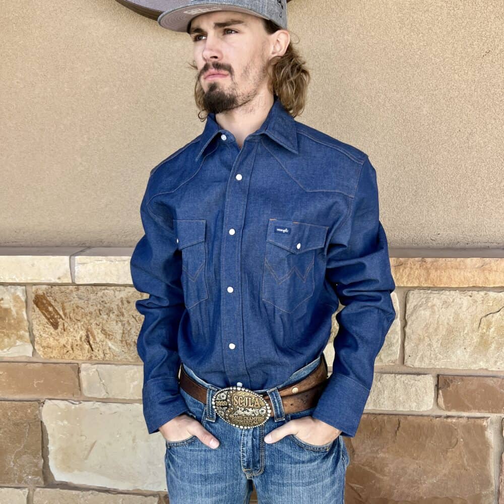 Wrangler Men's Cowboy Cut Work Shirt Long Sleeve Rigid Indigo - Saddle Rags