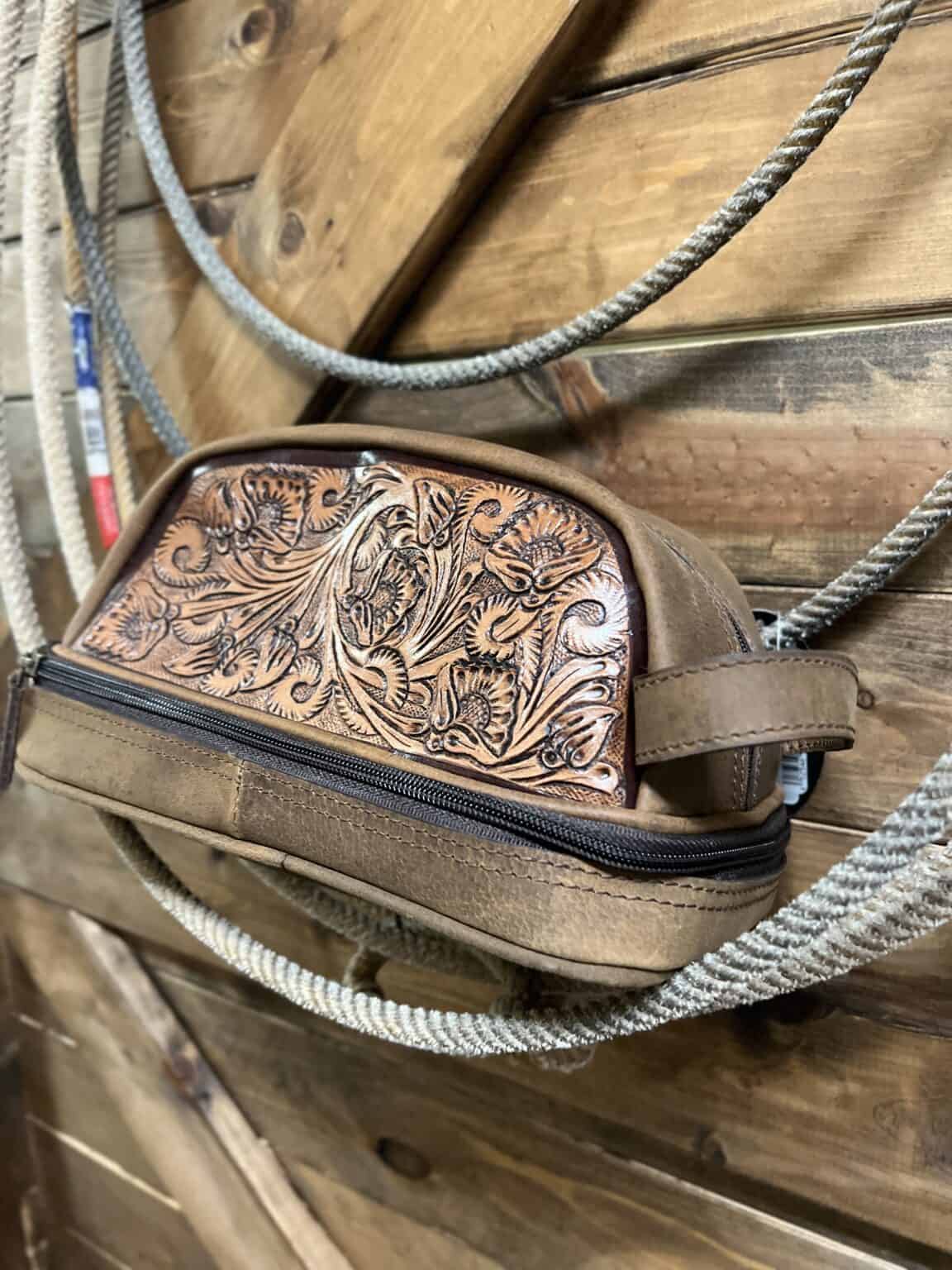 Tooled Leather Double Stacked Toiletry Bag - Saddle Rags
