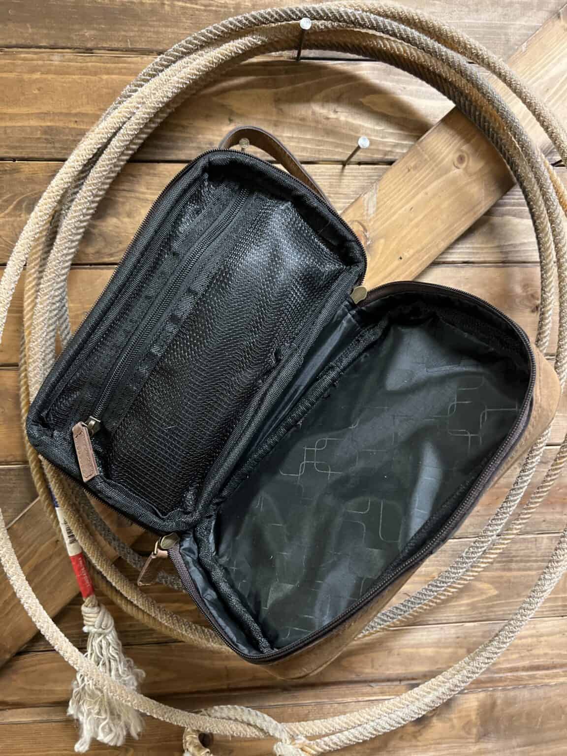 Tooled Leather Double Stacked Toiletry Bag - Saddle Rags